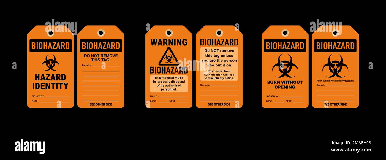 Biohazard tag vector illustrations. front and back templates of three ...