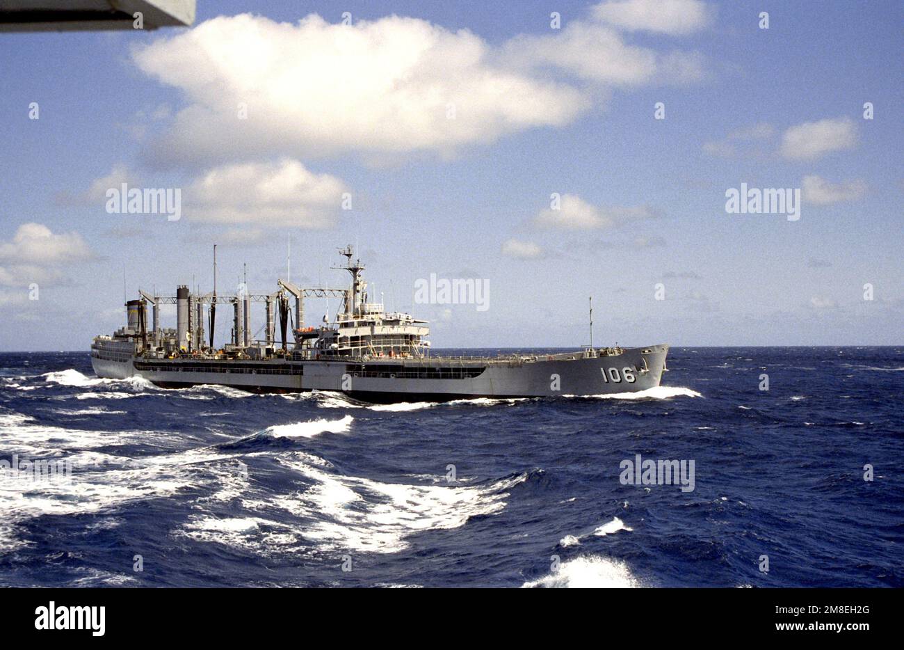 A starboard bow view of the fleet oiler USNS NAVASOTA (T-AO-106) during ...