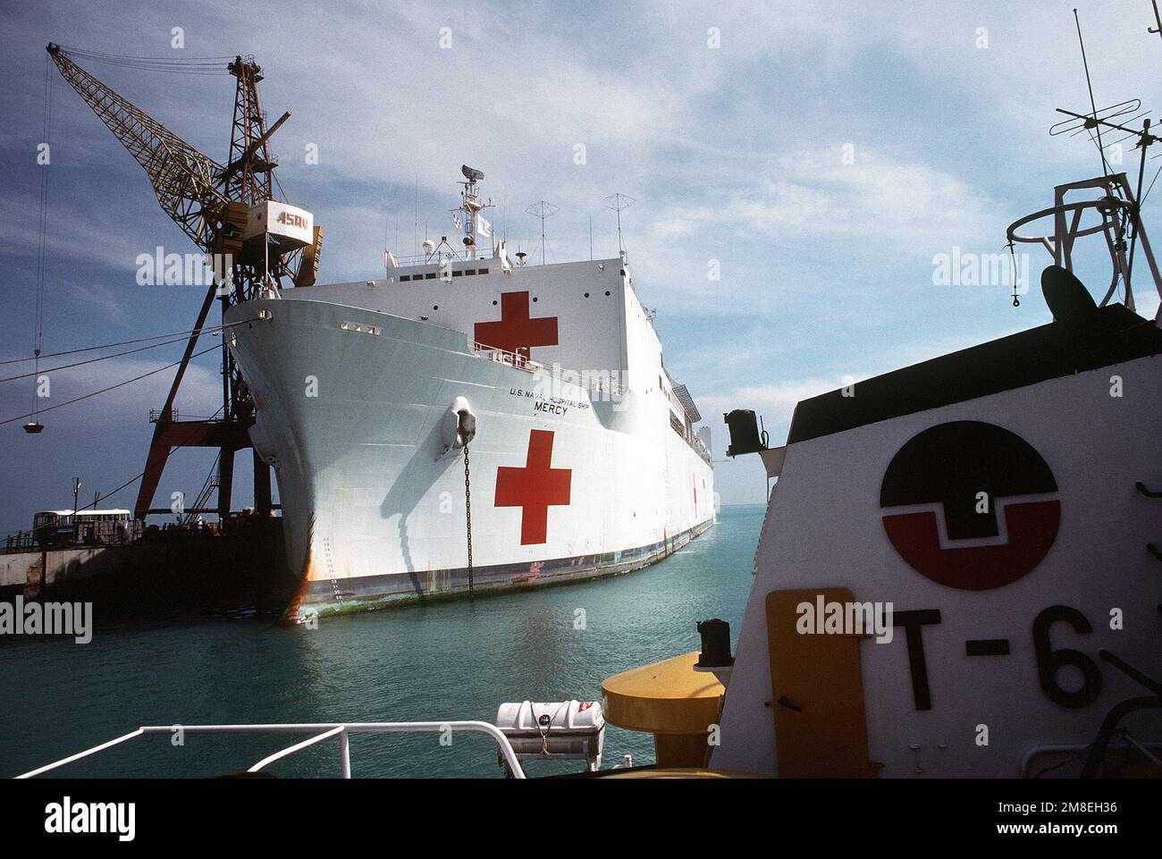 The hospital ship USNS MERCY (T-AH-19) is docked in port during ...