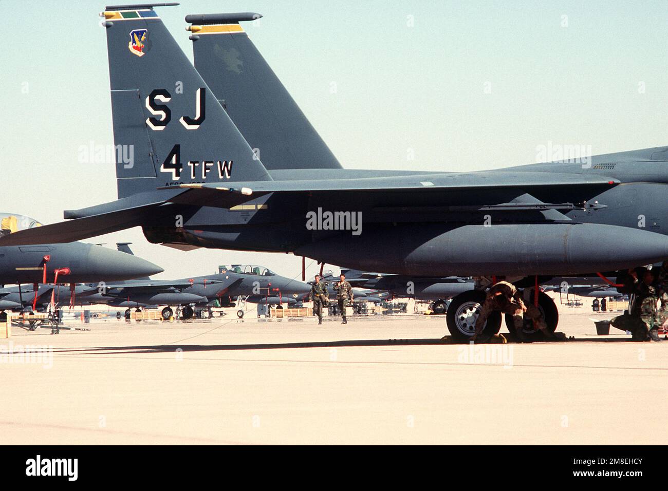 An F-15 Eagle aircraft of the 4th Tactical Fighter Wing stands on the ...