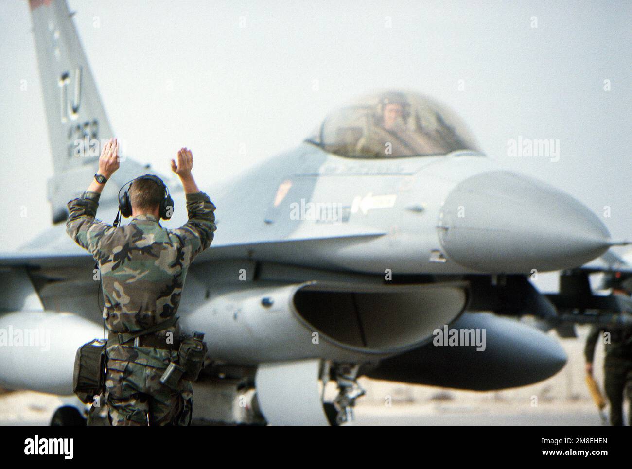 A ground crew member signals to the pilot of a 614th Tactical Fighter ...