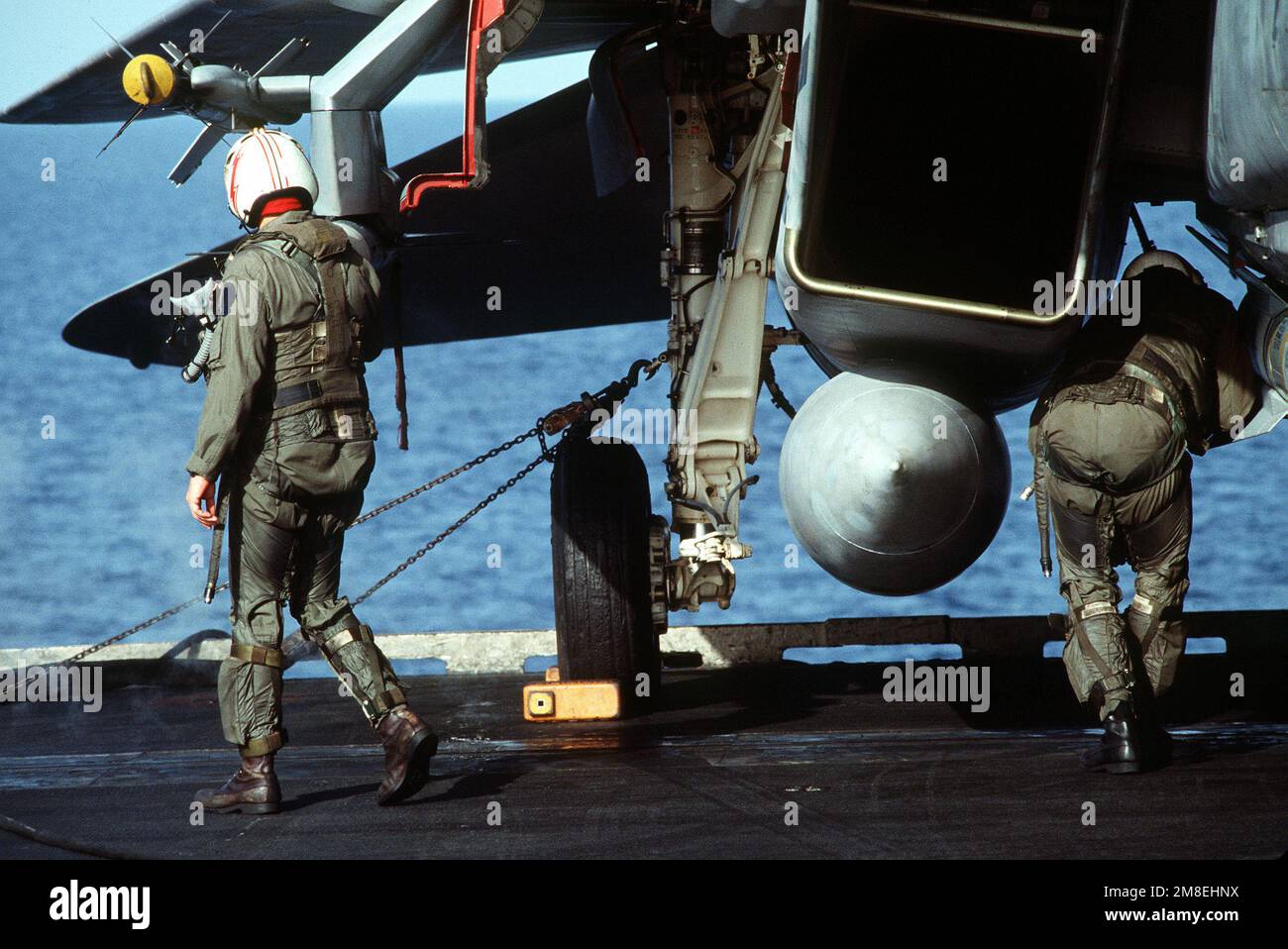 The pilot and radar intercept officer of a Fighter Squadron 74 (VF-74) F-14A Tomcat aircraft ...