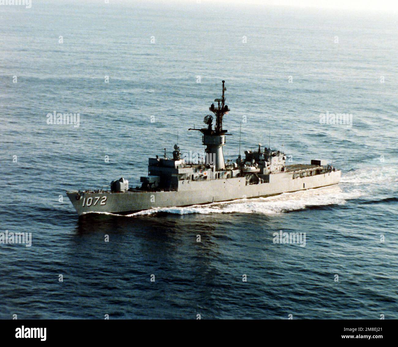 A port bow view of the frigate USS BLAKELY (FF-1072) underway off the ...