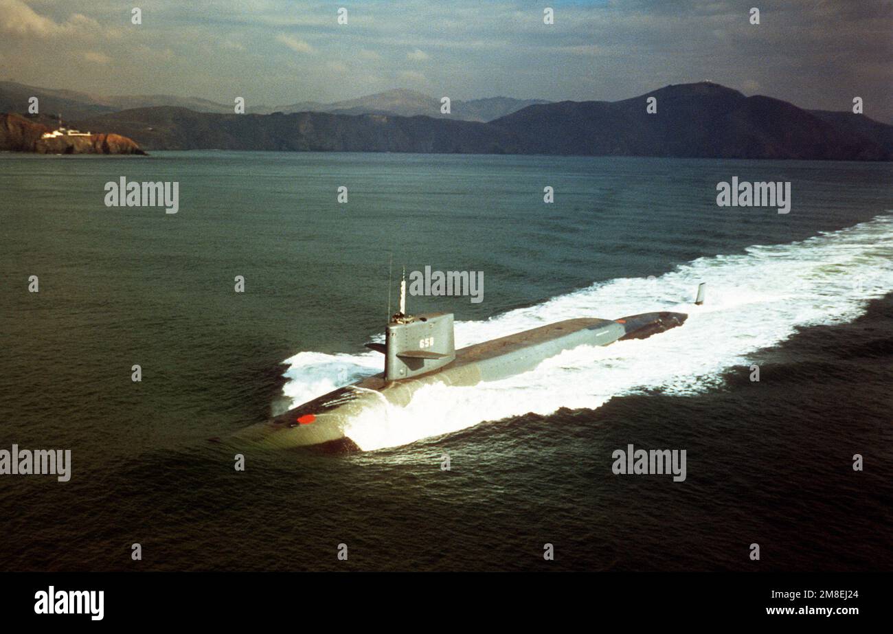 A port bow view of the nuclear-powered strategic missile submarine USS ...