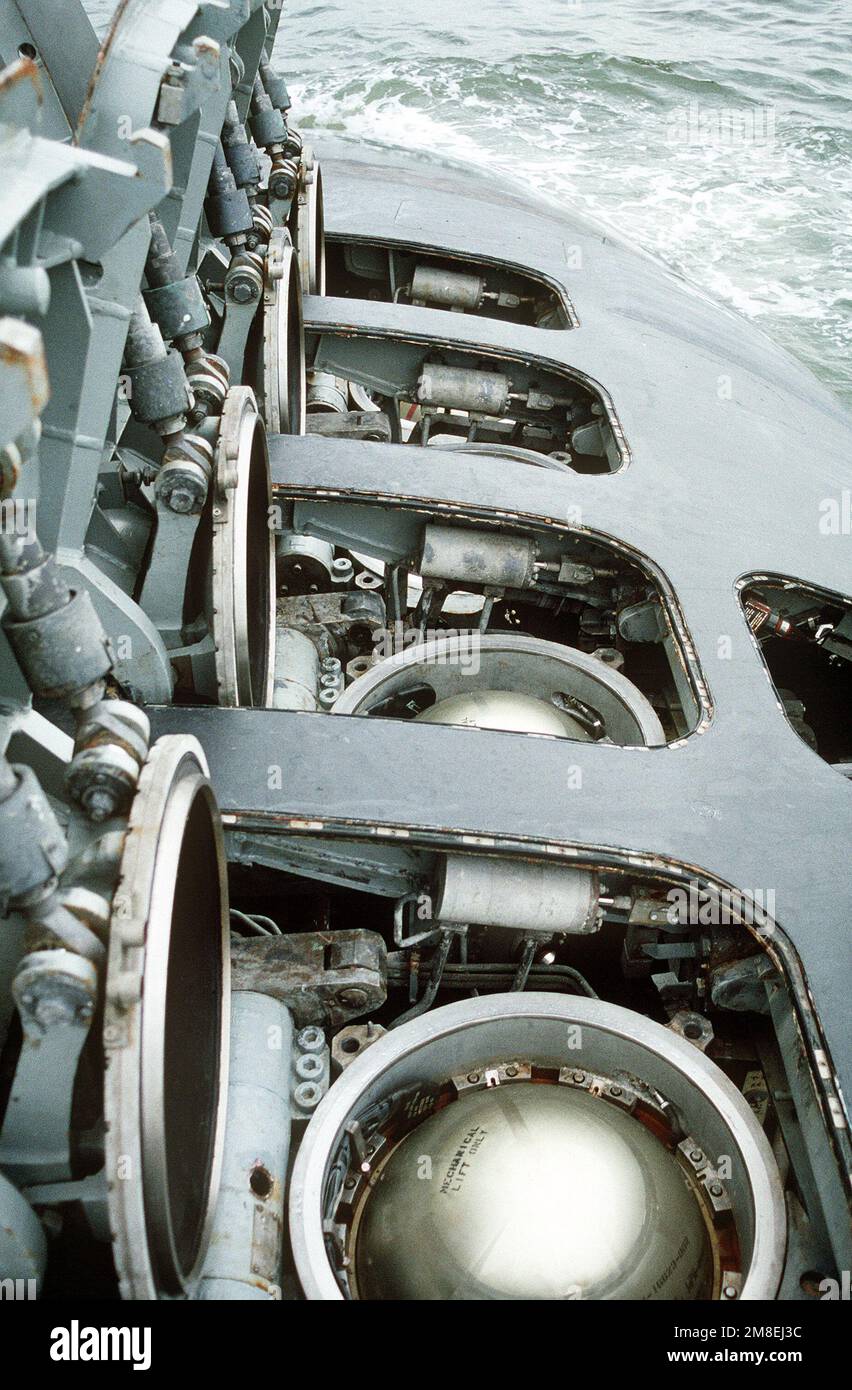 A view of four of the 12 vertical-launch Tomahawk missile tubes on the ...