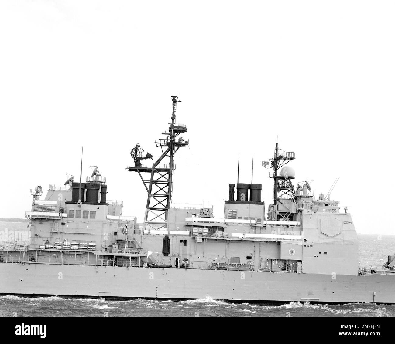 A view of the starboard amidships section of the guided missile cruiser ...