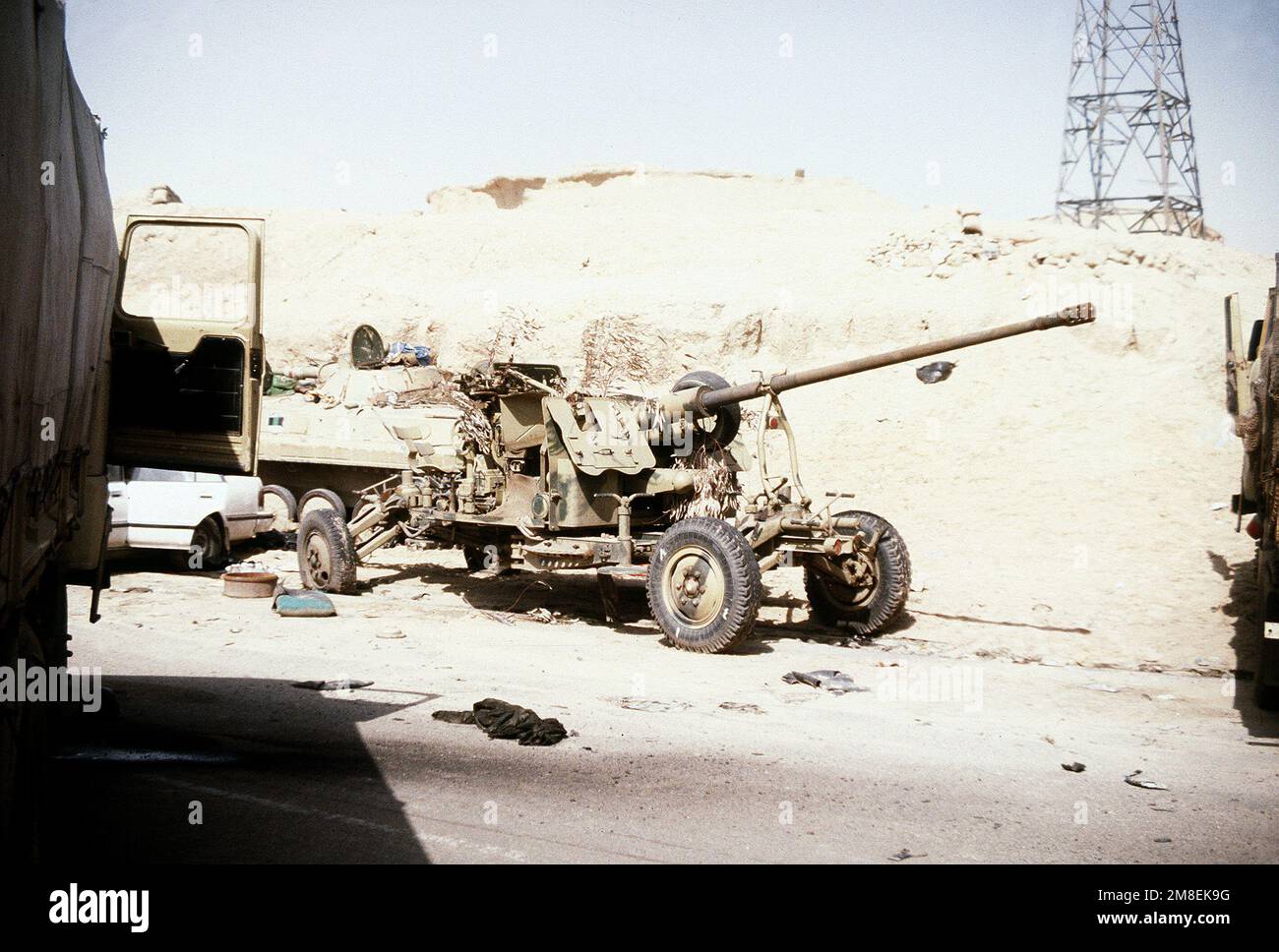 An Iraqi S-60 57mm automatic anti-aircraft gun sits beside a road after ...