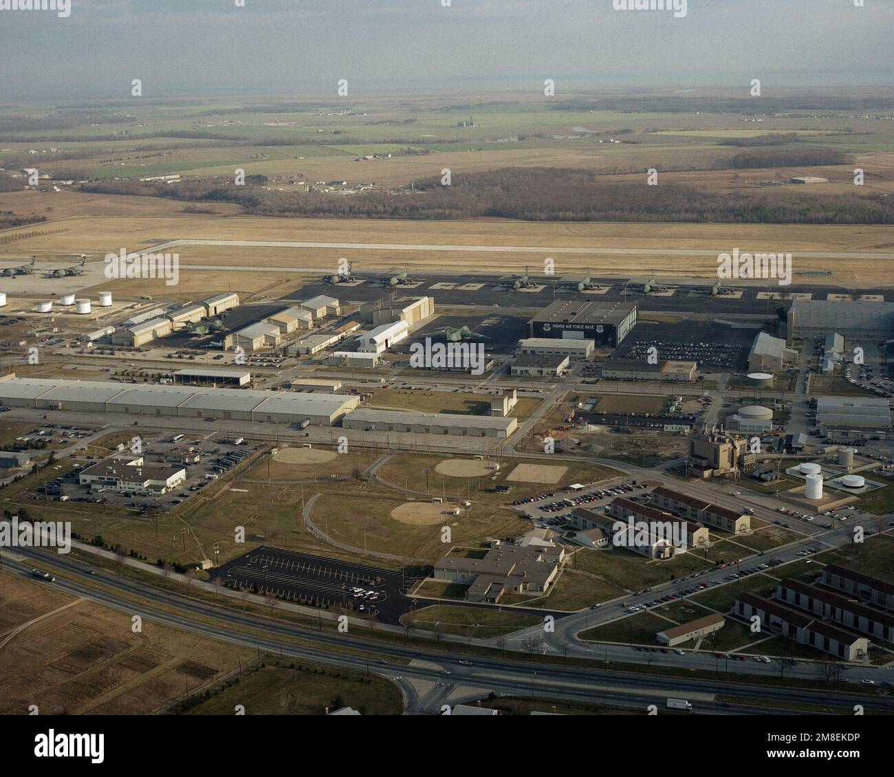 An aerial view of a portion of the base, showing several C-5 Galaxy ...