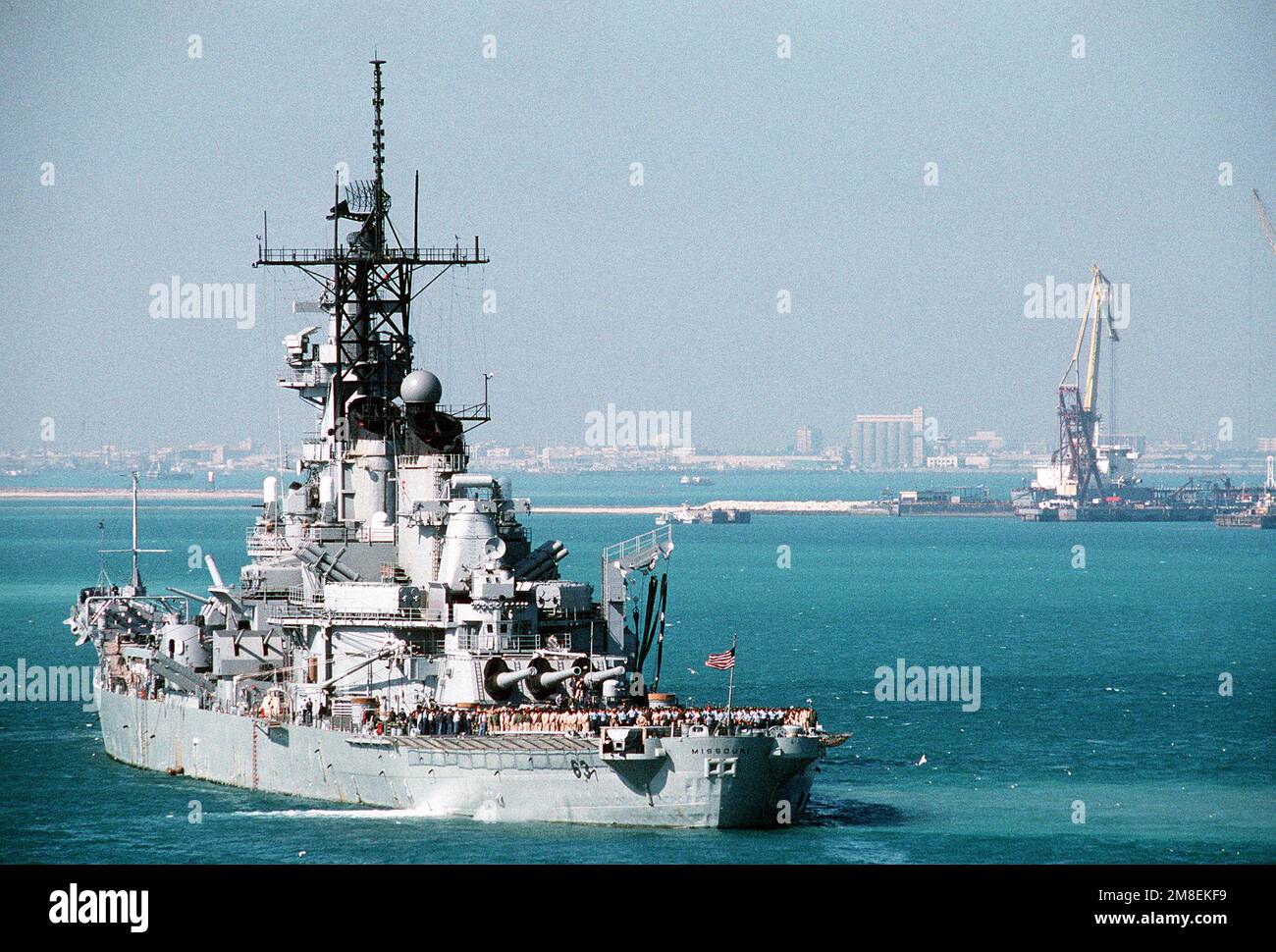 The battleship USS MISSOURI (BB-63) lies at anchor in a Persian Gulf ...
