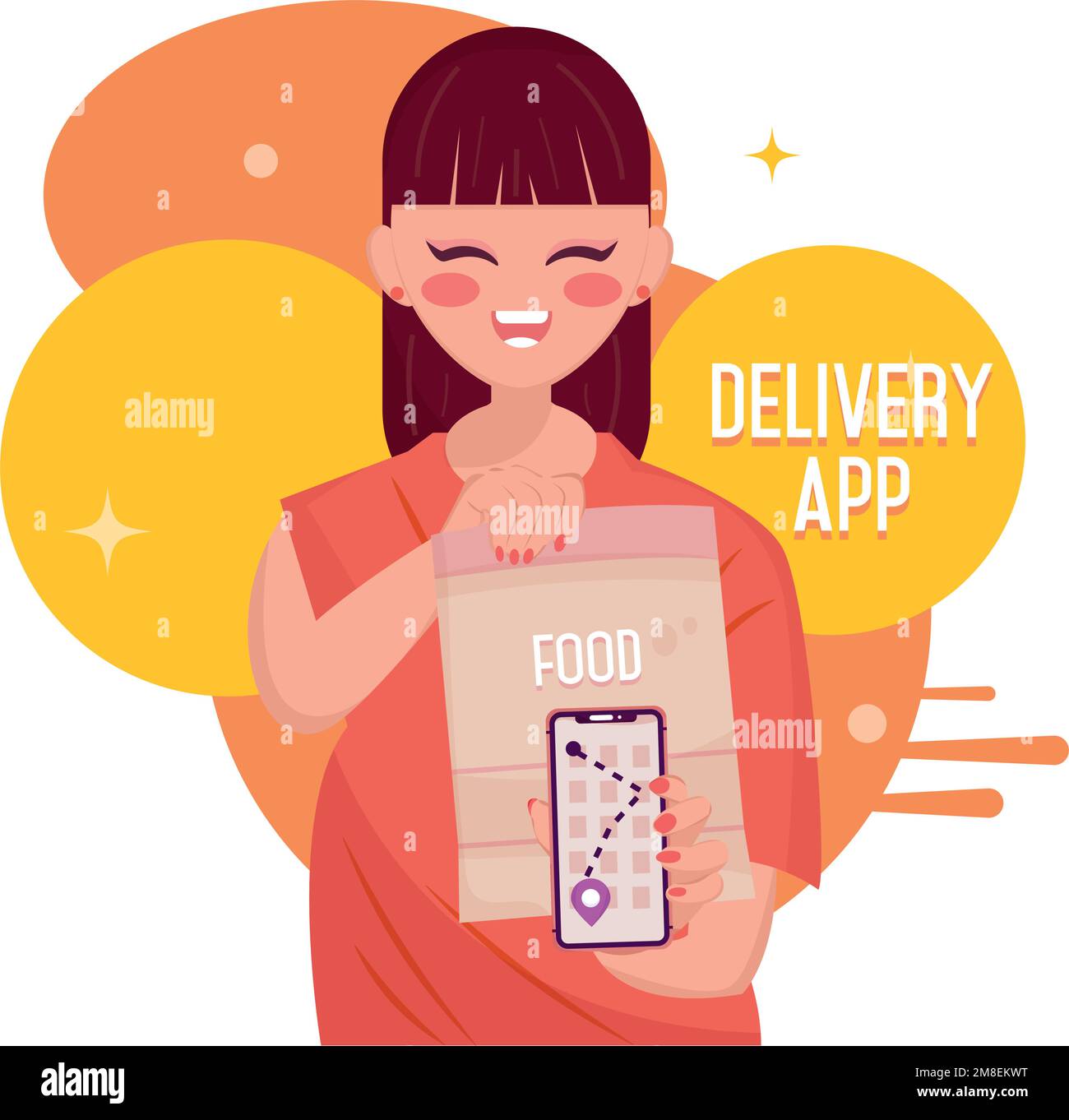 Happy girl character holding a food bag Delivery concept art Vector ...