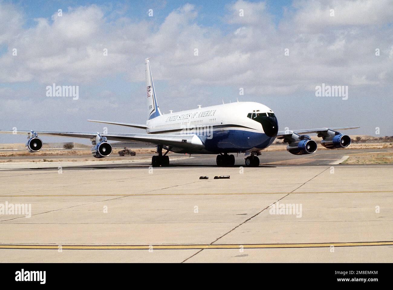 A VC-137 Stratoliner aircraft stands on the flight line after ...