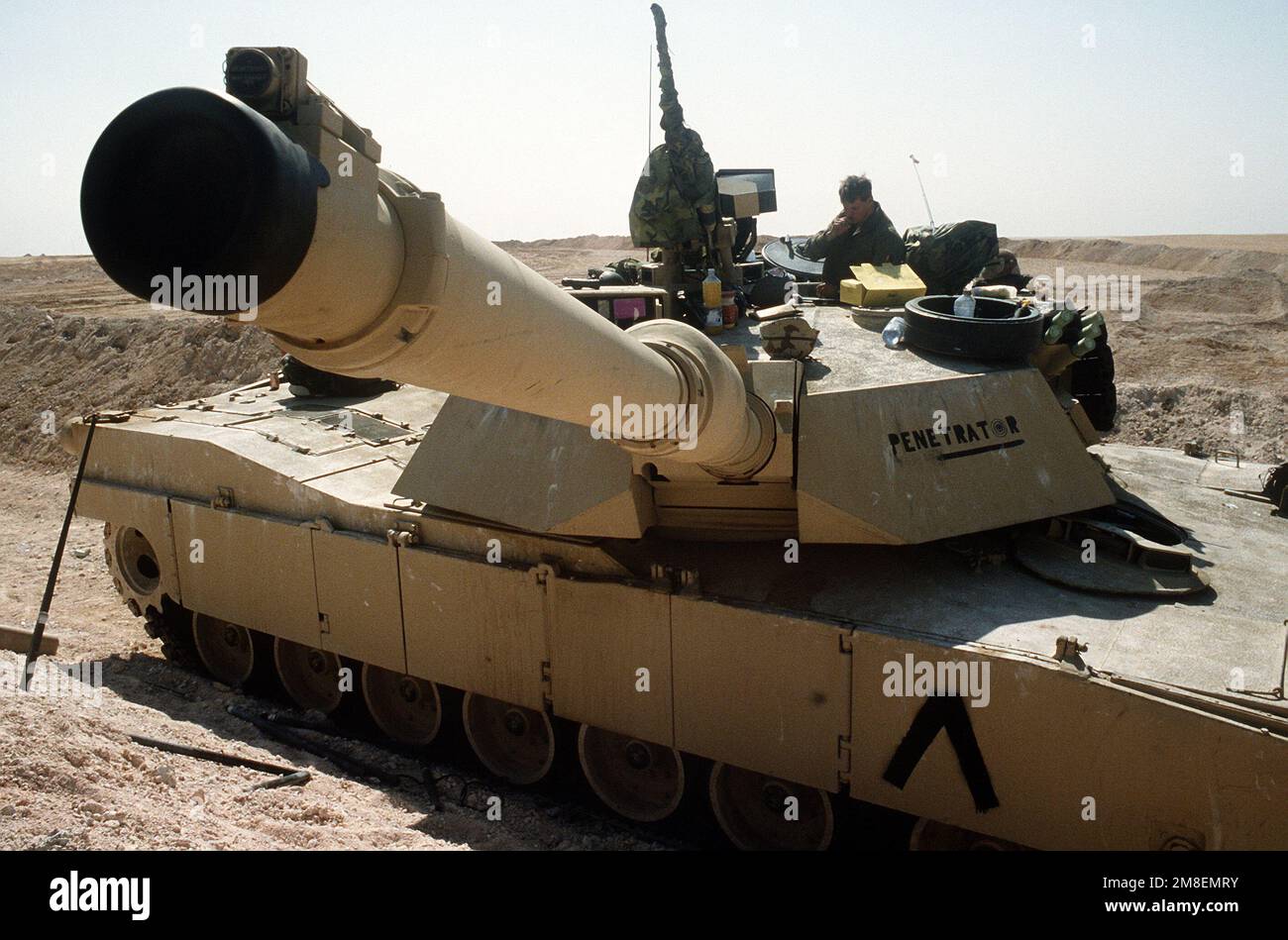 A view of the barrel of the 120mm gun on an M-1A1 Abrams main battle ...