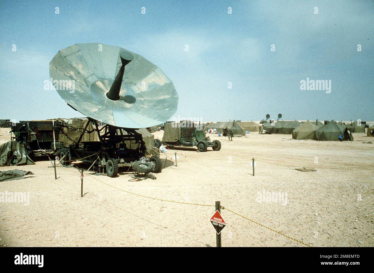 A portable satellite dish is set up in the VII Corps command and ...