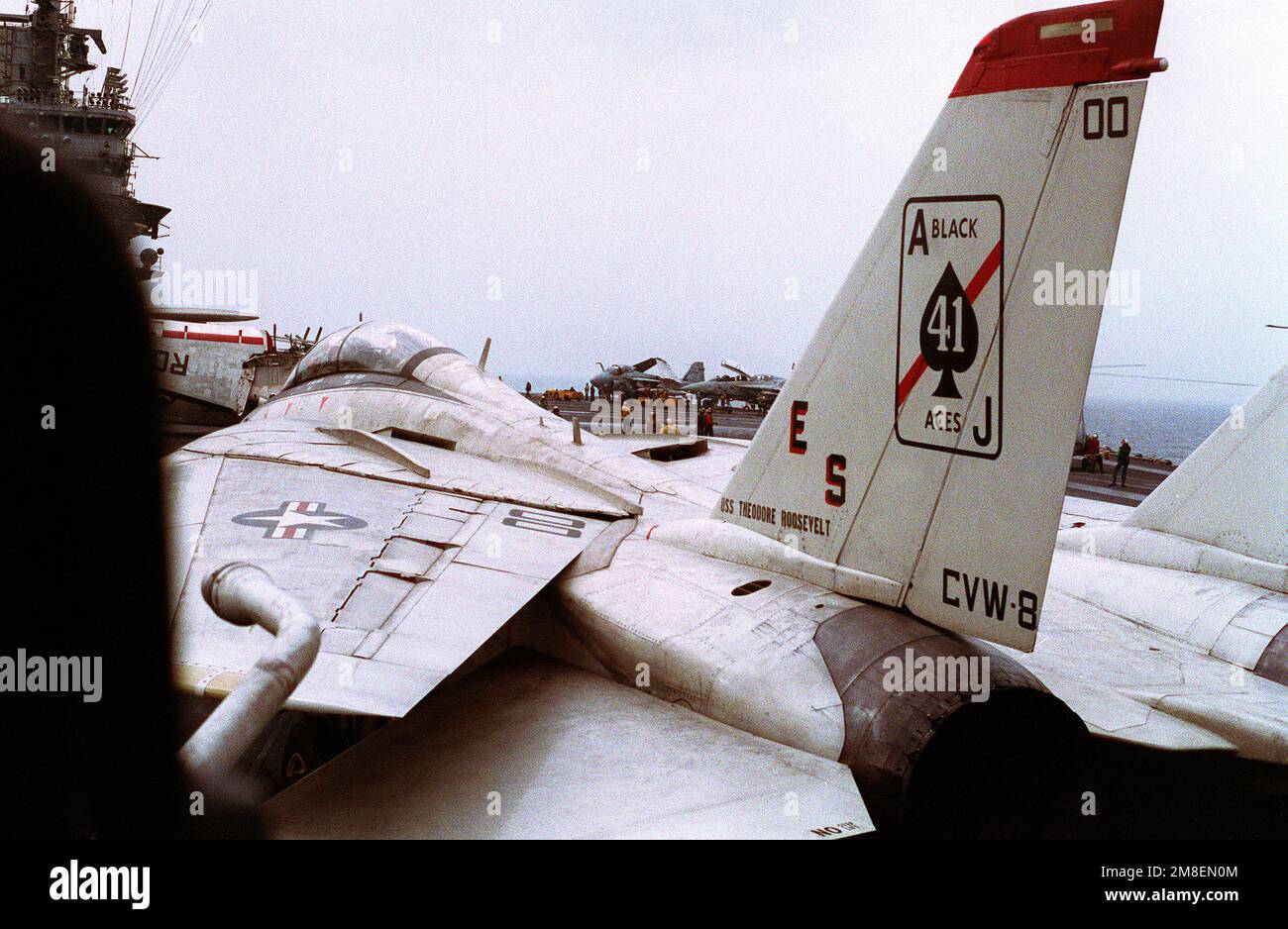 A Fighter Squadron 41 (VF-41) F-14A Tomcat aircraft sits on the flight ...