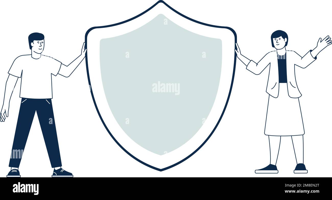 Man and woman hold shield. Protection icon. Security symbol Stock ...