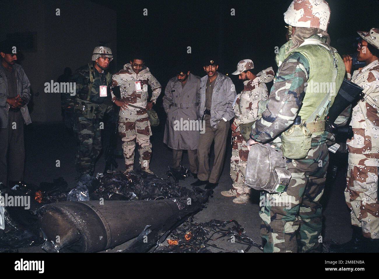 U.S. and Saudi Arabian military personnel gather around the remains of ...