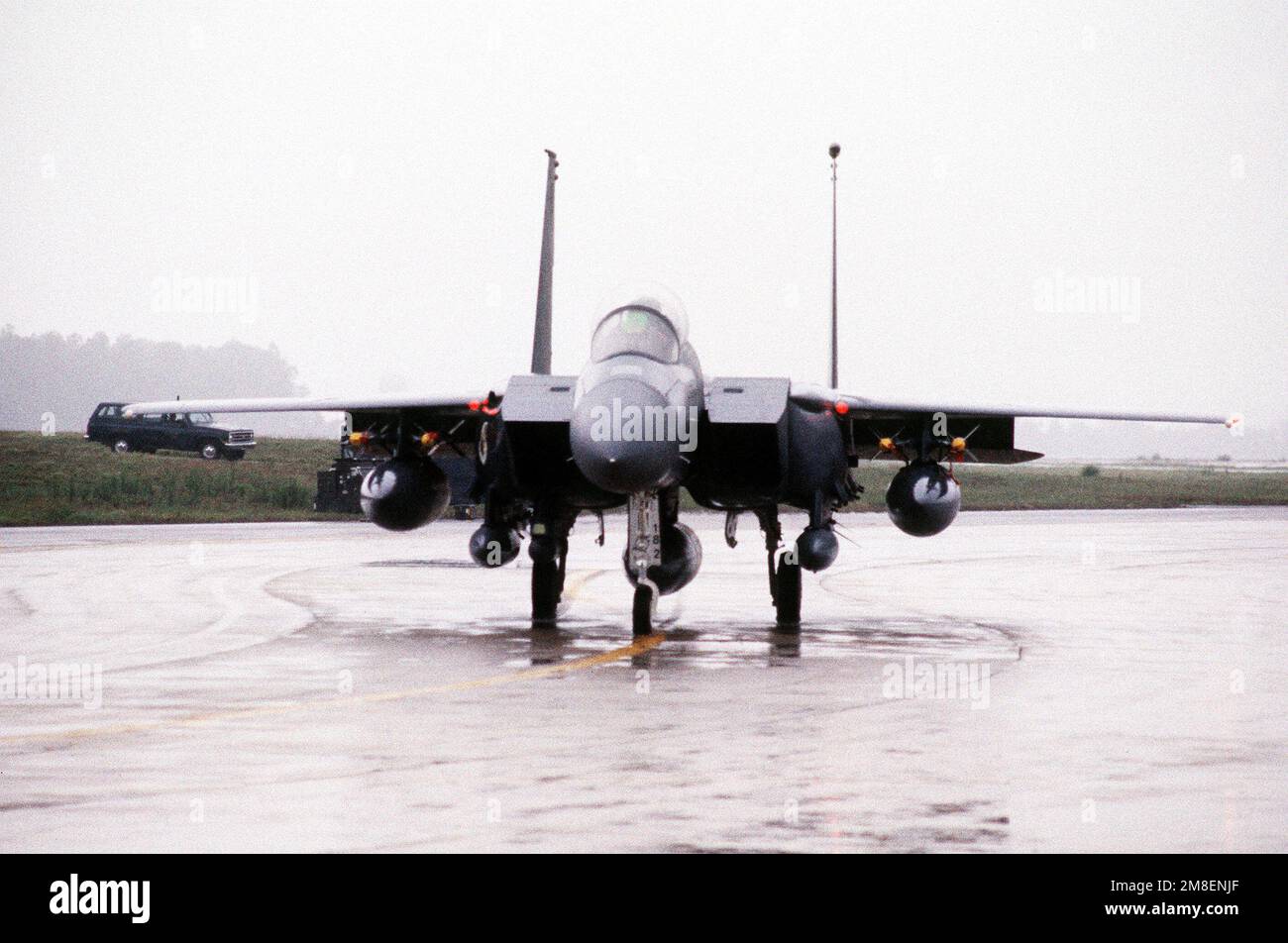 An F-15E Eagle aircraft of the 4th Tactical Fighter Wing taxis on the ...