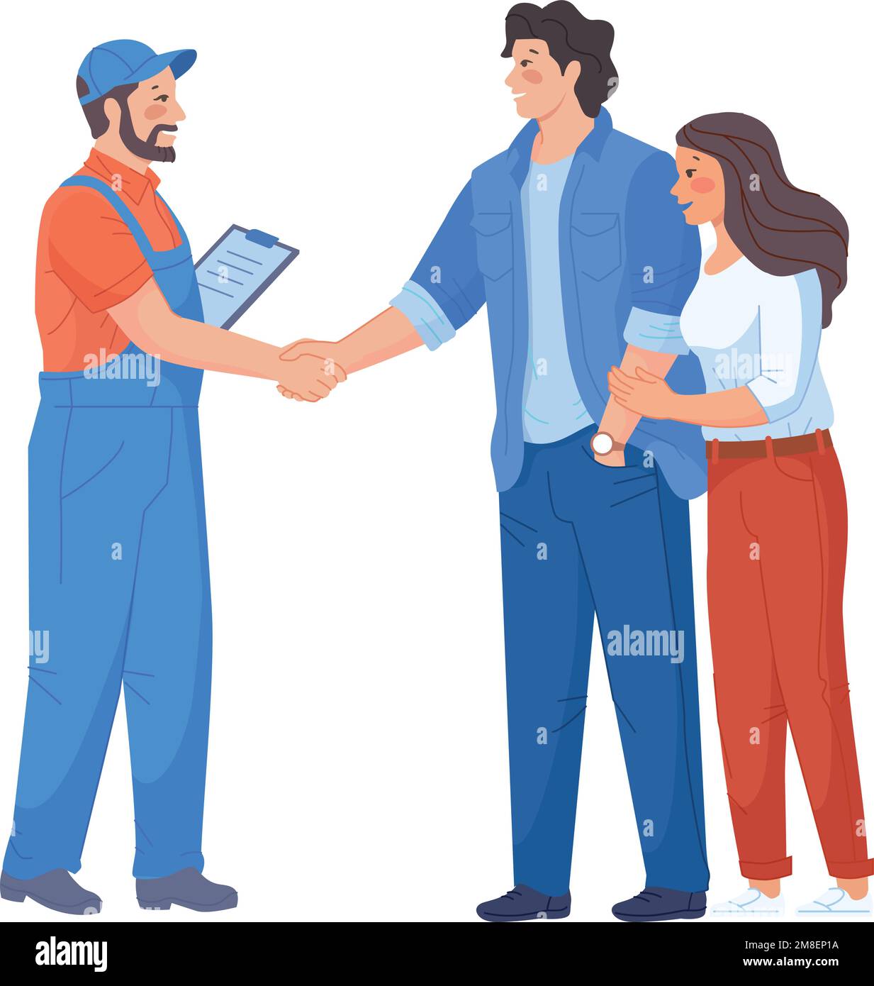 Mover shaking hand with couple. House moving service isolated on white ...