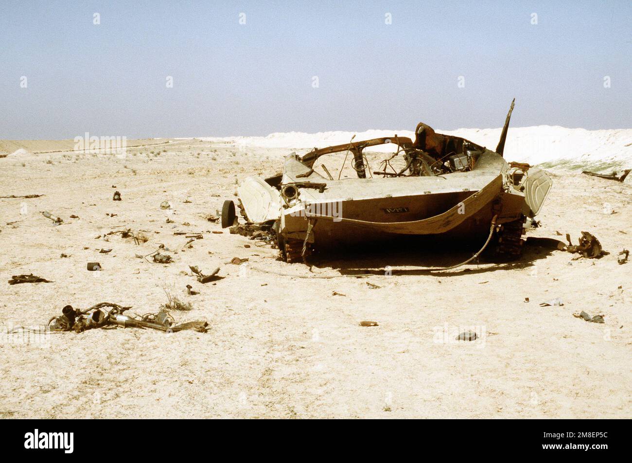 A destroyed Iraqi BMP-1 mechanized infantry combat vehicle lies in the ...