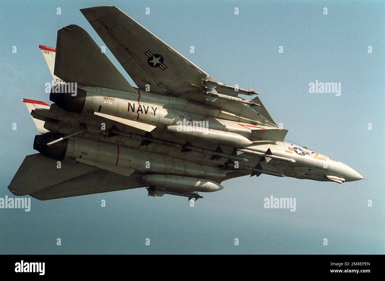 An underside view of a Fighter Squadron 41 (VF-41) F-14A Tomcat ...