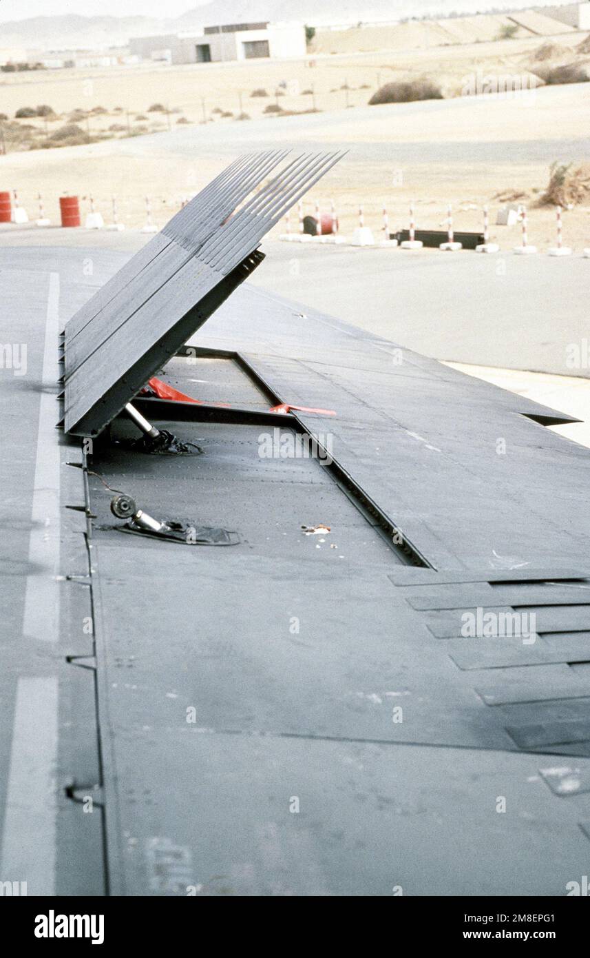 A view of the roll control spoiler panel with one of the flaps torn off ...