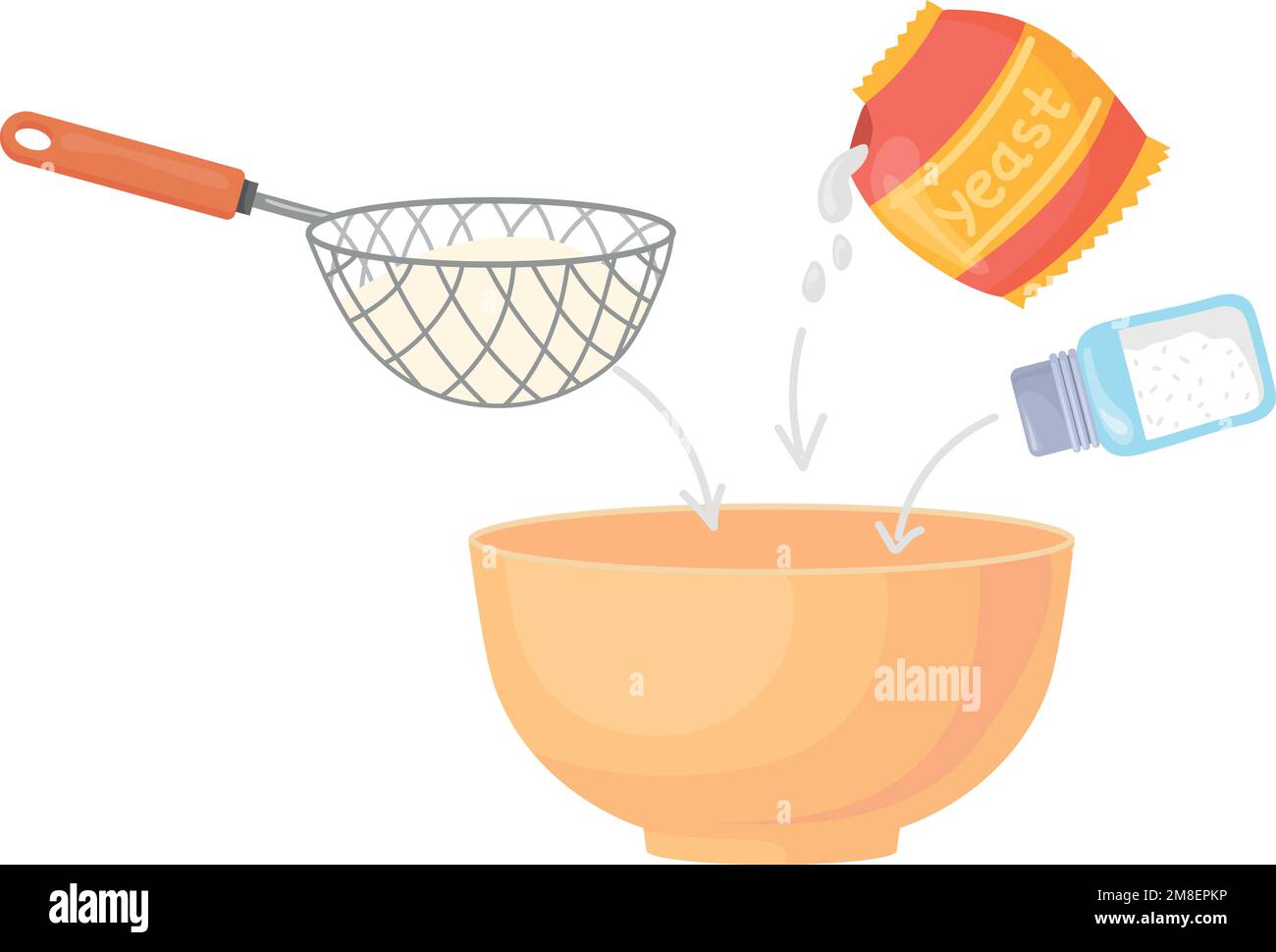 Dough preparation. Mixing ingredients in bowl. Cartoon recipe icon ...