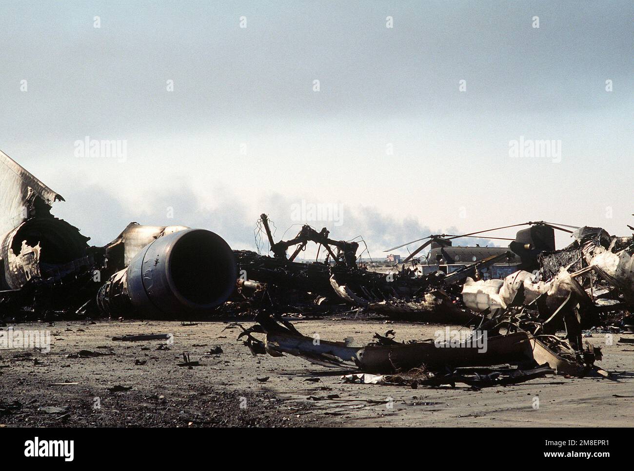 A view of a Boeing 747 aircraft destroyed by retreating Iraqi troops at ...