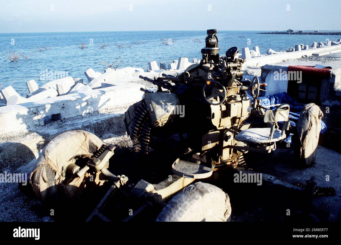 A fully armed Russian ZPU-4 anti-aircraft 14.5 mm machine gun points ...