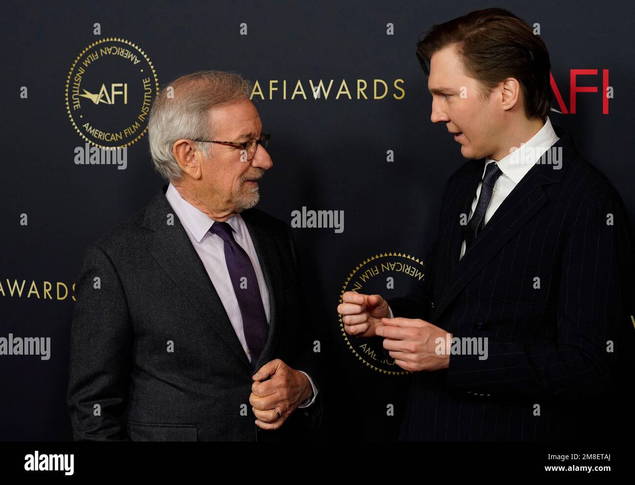 Director Steven Spielberg, left, and actor Paul Dano mingle at the 2023 ...