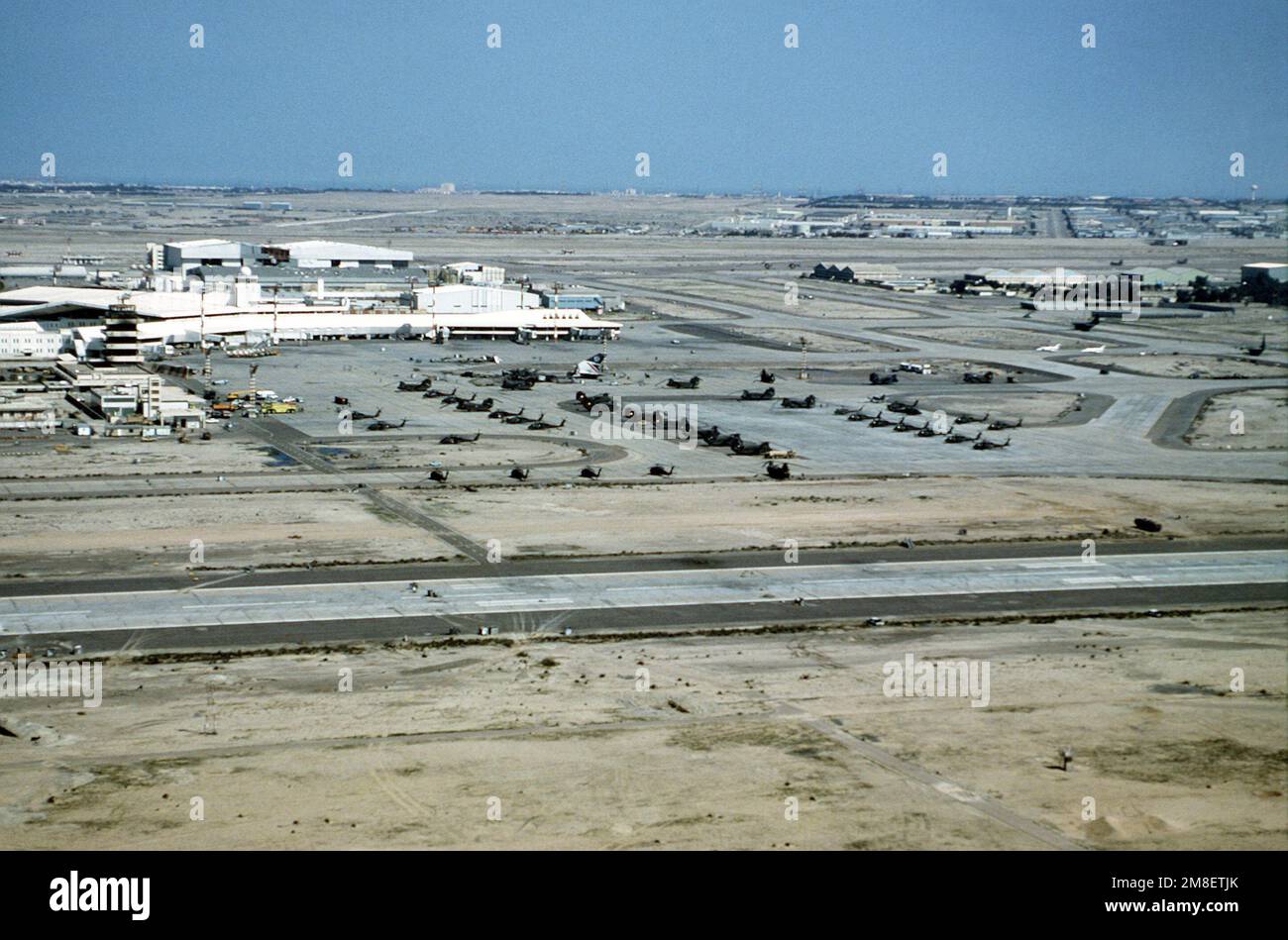 An aerial view of the helicopter parking area at Kuwait International ...