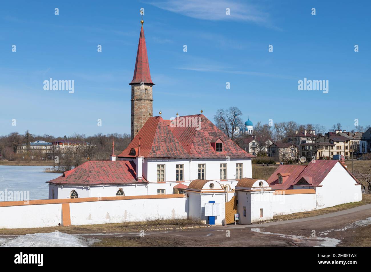 GATCHINA, RUSSIA - APRIL 17, 2022: Ancient Priory Palace close-up on a ...