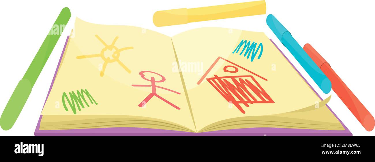 Open notepad with childish drawing and color crayons cartoon icon ...