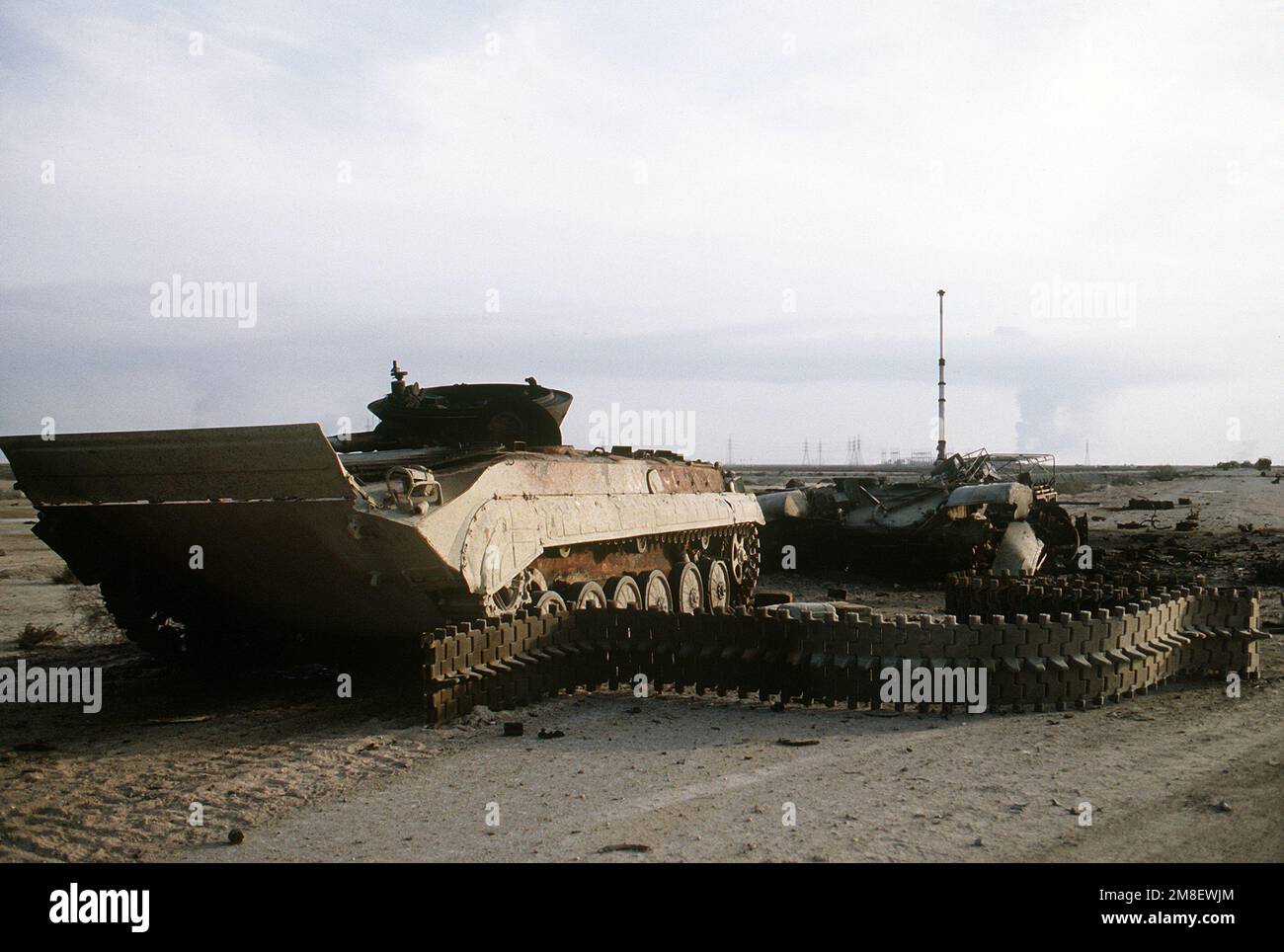 A demolished Iraqi BMP-1 mechanized infantry combat vehicle on a ...