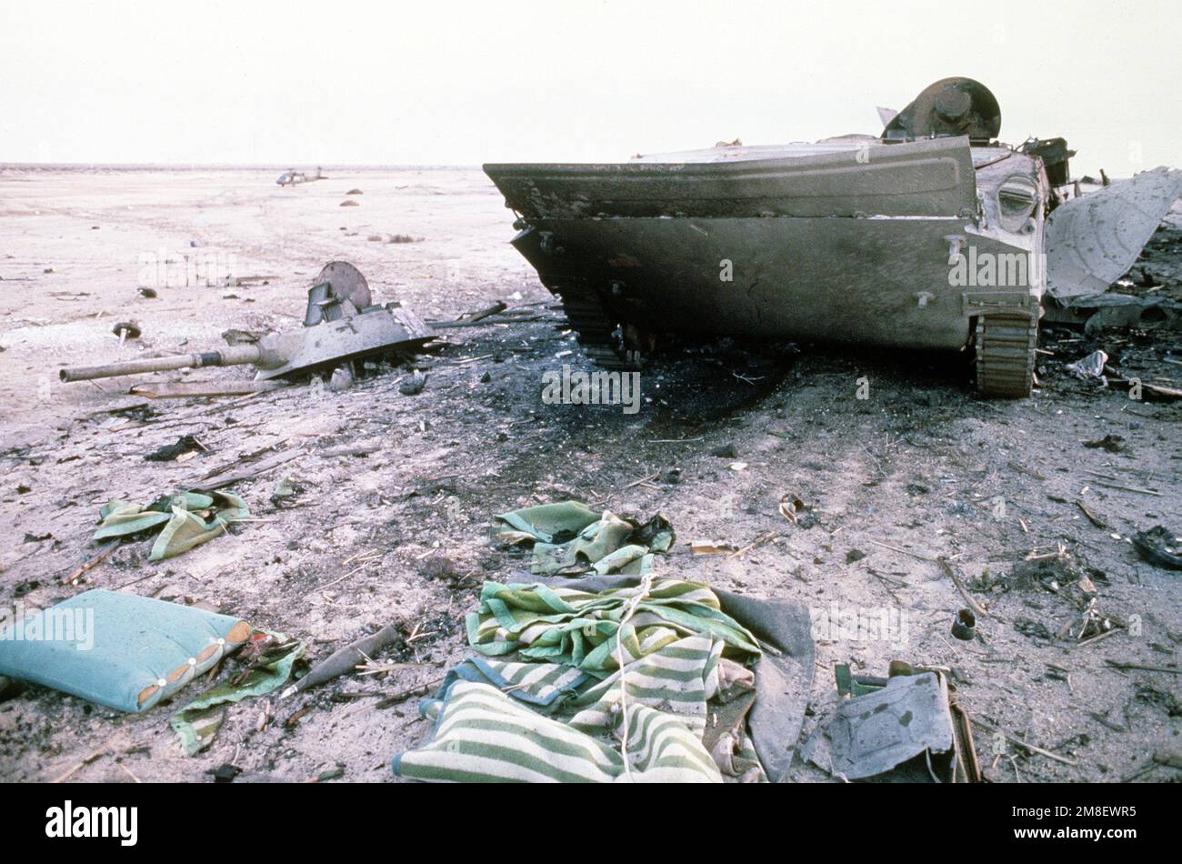 A demolished Iraqi BMP-1 infantry fighting vehicle stands on a roadway ...