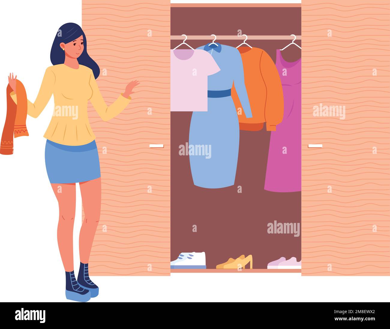 Woman choosing clothes from wardrobe closet. Home storage isolated on ...