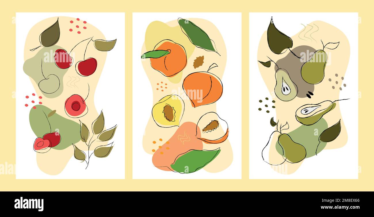 Set of handmade abstract drawings of cherries, peaches and pears ...