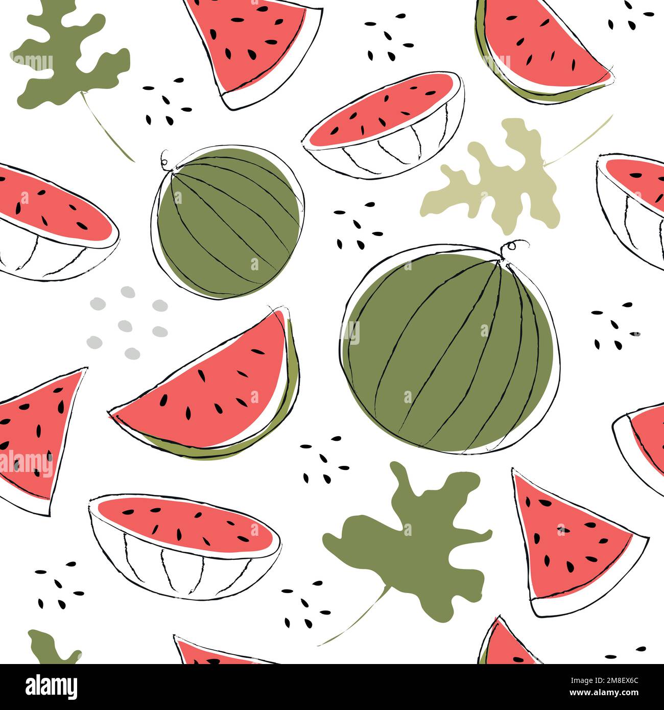 Seamless pattern on handmade abstract fruit drawings. Contemporary artistic design of watermelon ...