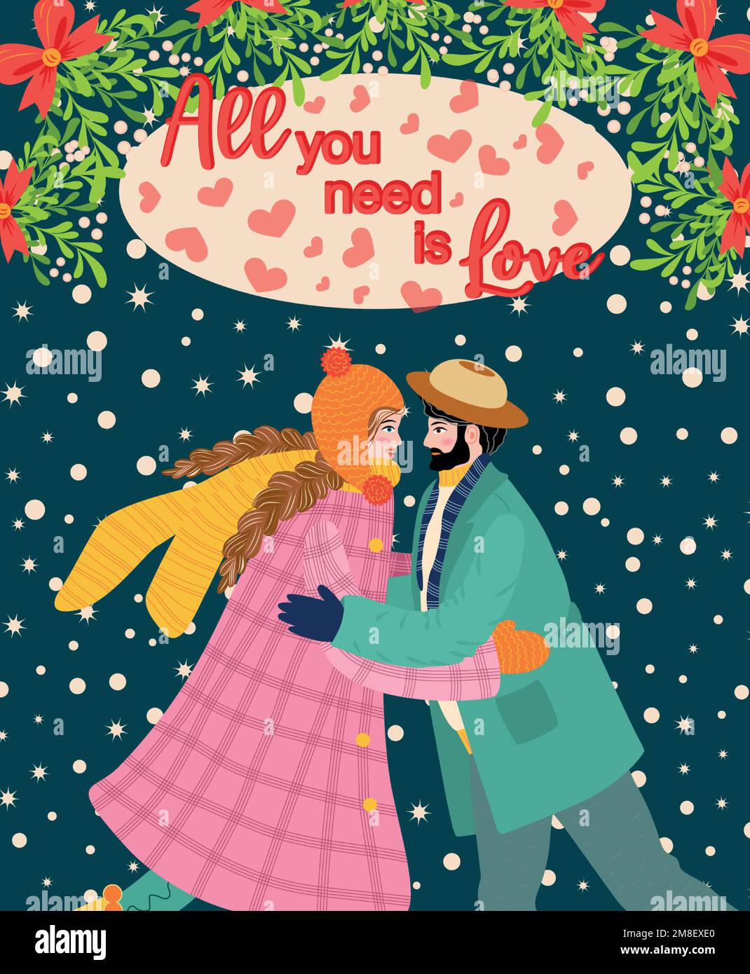 Flat hand drawn valentines day greeting card. Loving couple of young ...