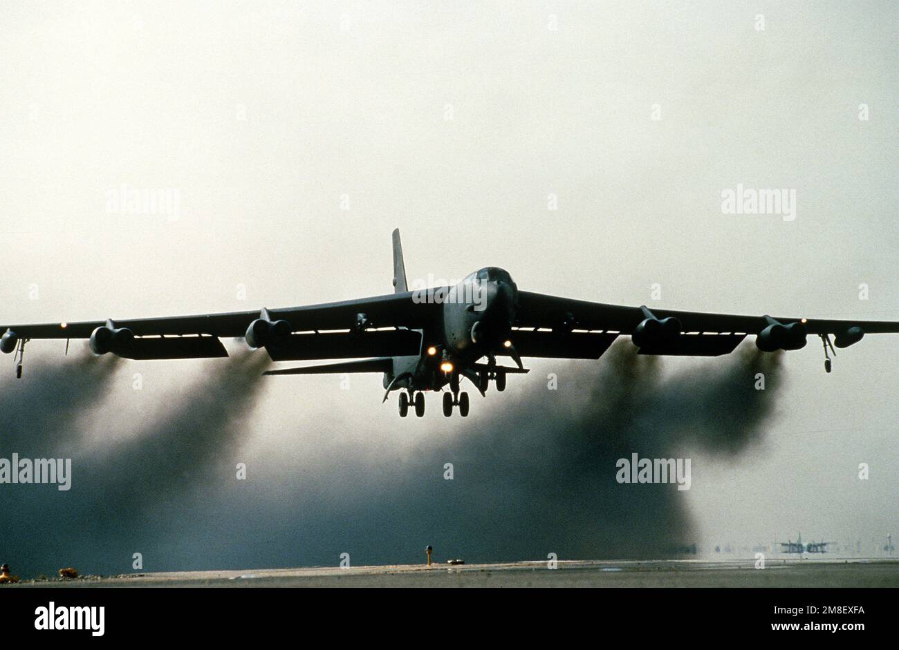 A B-52G Stratofortress aircraft takes off on its return flight to the ...