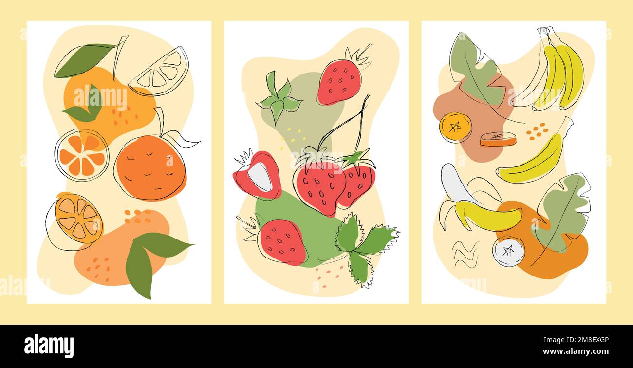 Set of handmade abstract drawings of oranges, strawberries and bananas ...
