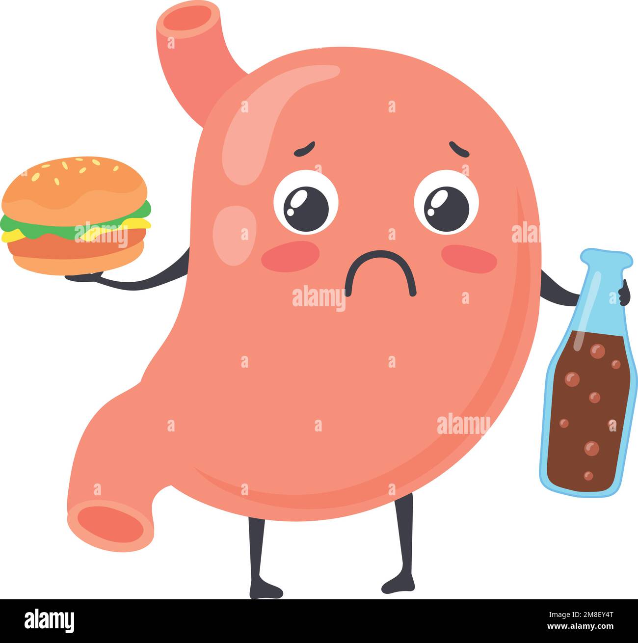 Sad stomach with fast food. Unhealthy digestion problem isolated on ...