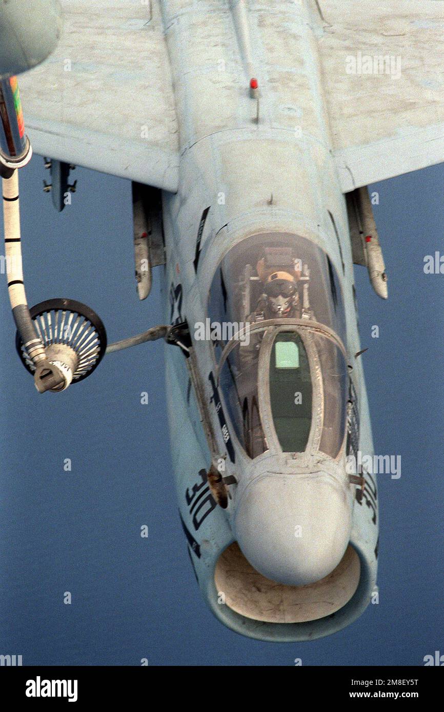An A-7E Corsair aircraft from Attack Squadron 46 (VA-46) is refueled by ...