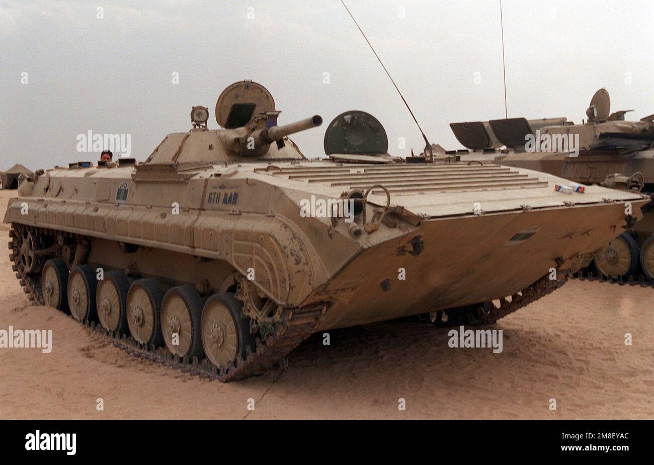 A right front view of a BMP-1 mechanized infantry combat vehicle that ...