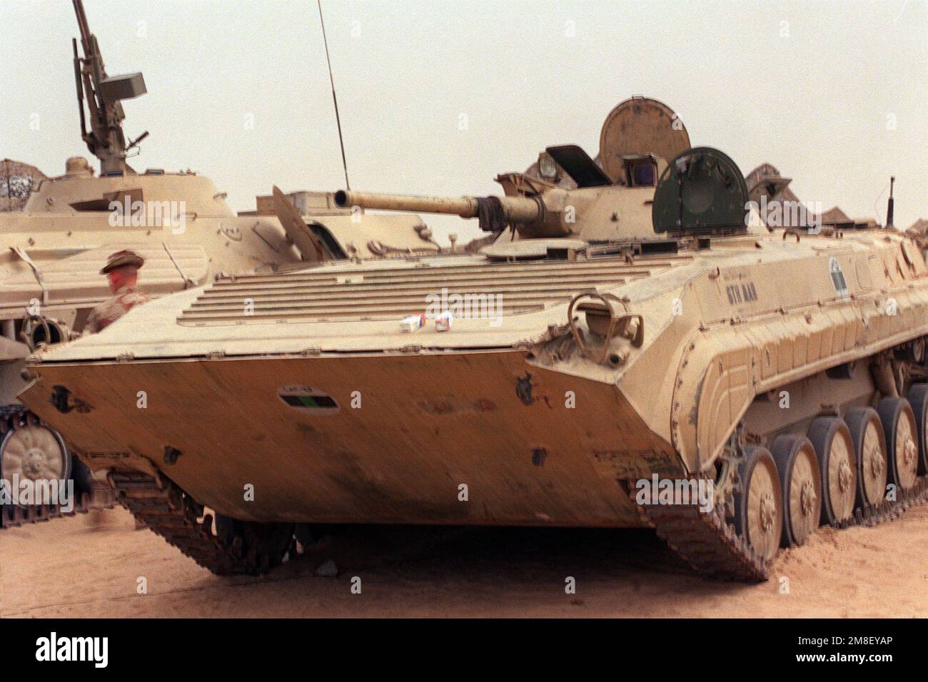 A left front view of a BMP-1 mechanized infantry combat vehicle that ...