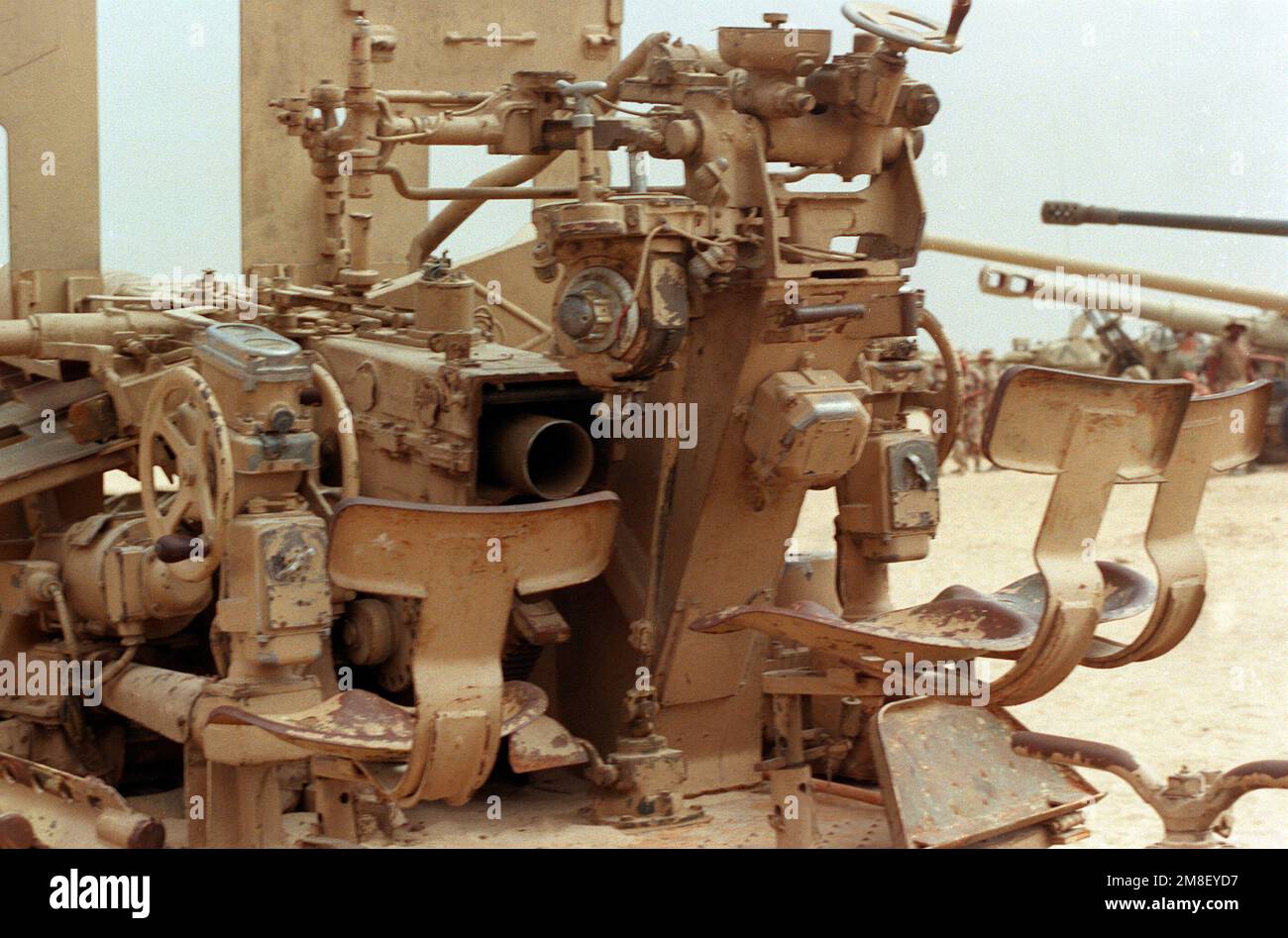 A close-up right rear view of the crew stations on an Iraqi S-60 57mm ...