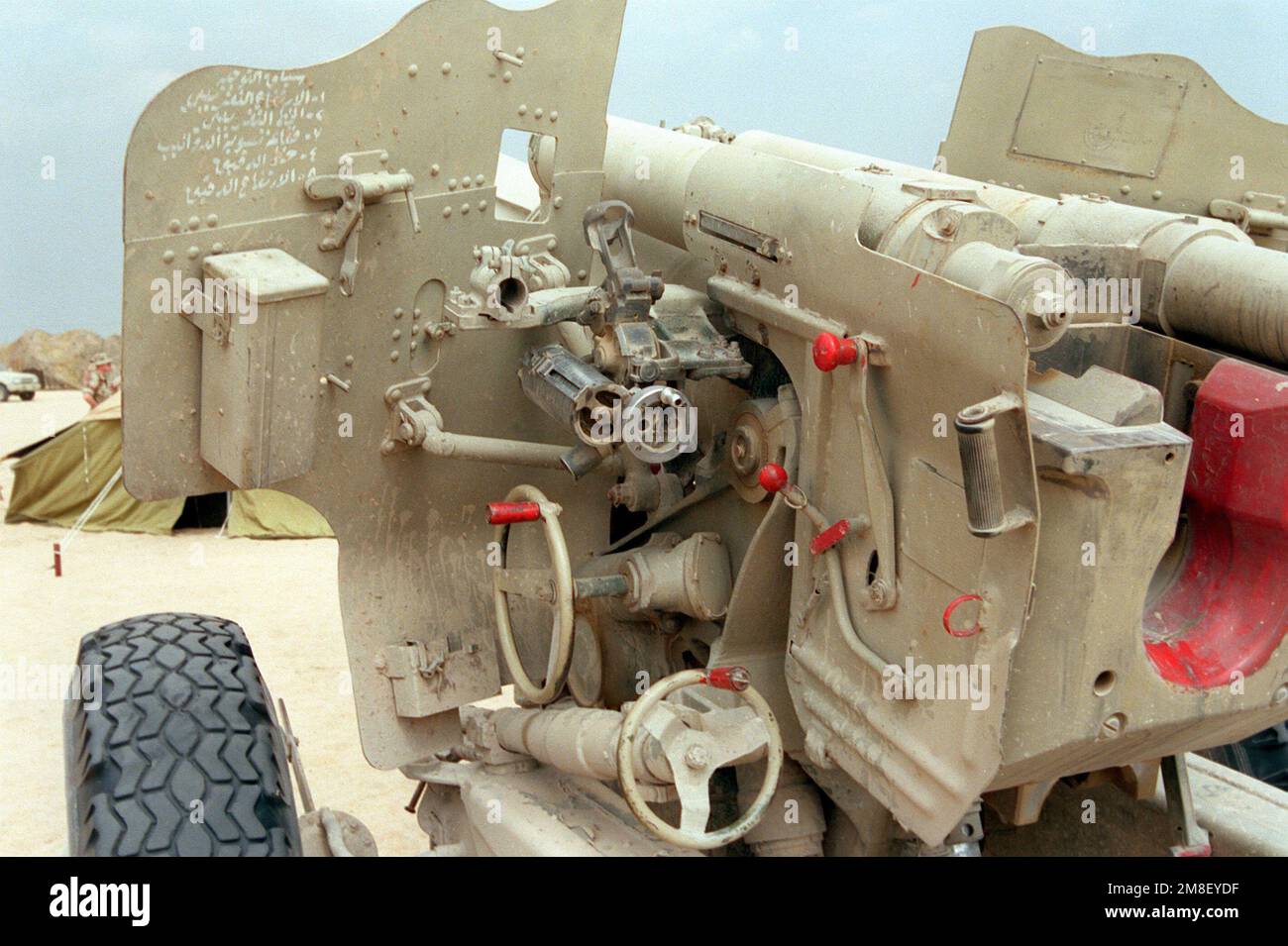 A close-up left rear view of the breach and operating mechanisms on a D ...