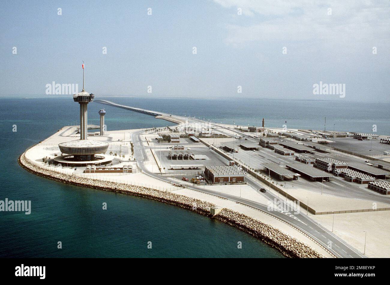 A view of the customs island and causeway connecting Bahrain and Saudi ...