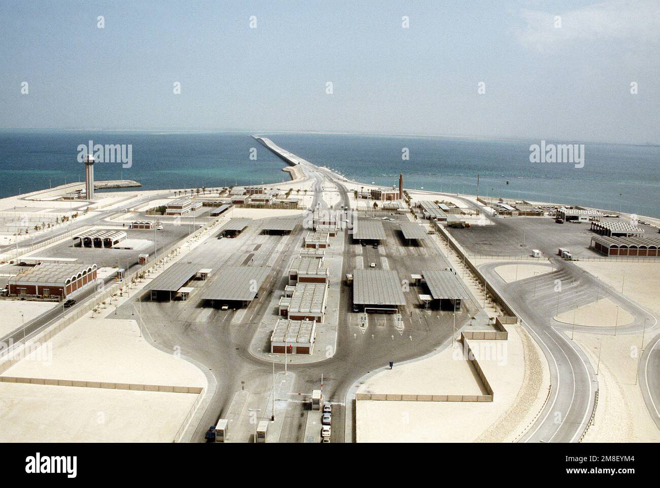 A view of the customs island and causeway connecting Bahrain and Saudi ...