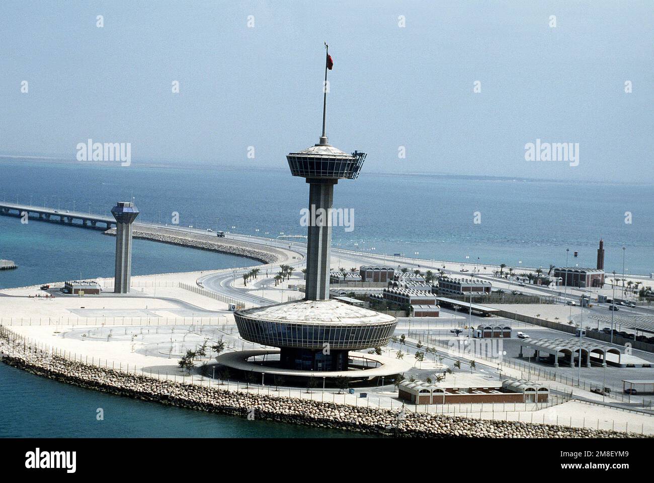 A view of the customs island and causeway connecting Bahrain and Saudi ...