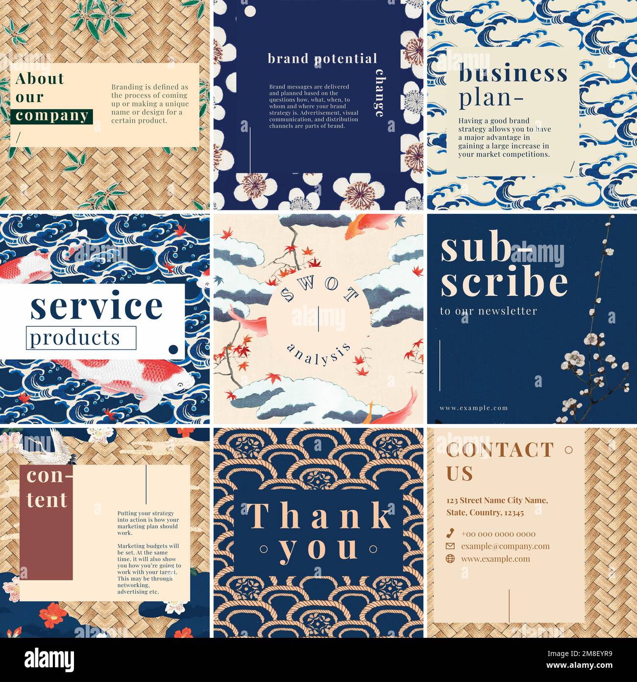 Japanese pattern business editable social media template vector set ...